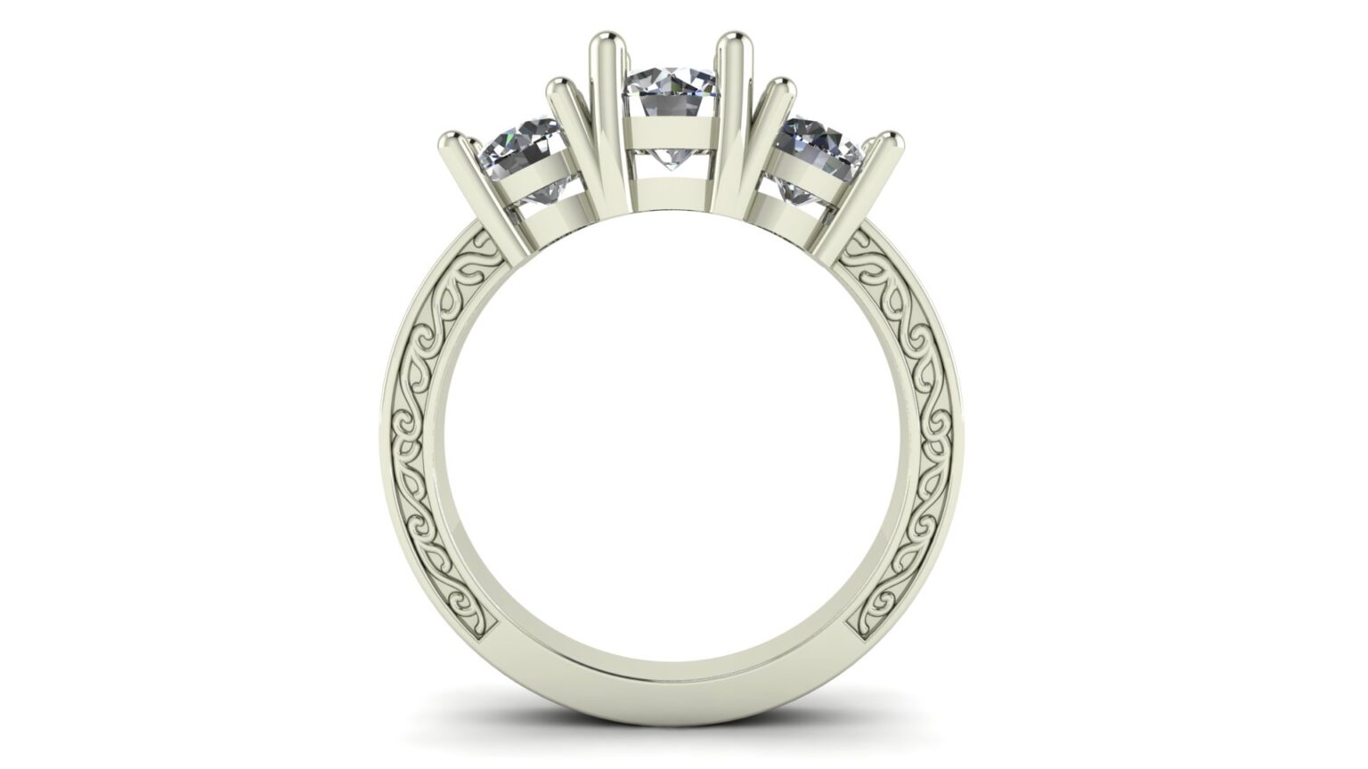 We Love This Custom Scrolled Three Stone Engagement Ring